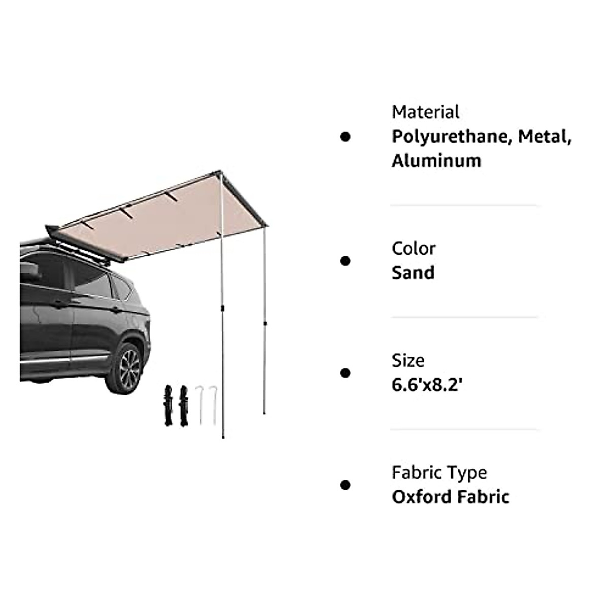 VEVOR Car Side Awning, 6.6'x8.2', Pull-Out Retractable Vehicle Awning Waterproof UV50+, Telescoping Poles Trailer Sunshade Rooftop Tent w/Carry Bag for Jeep/SUV/Truck/Van Outdoor Camping Travel, Sand