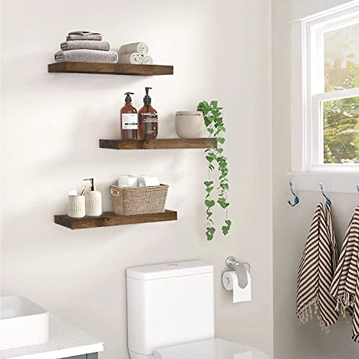 FAEKSUR Floating Shelves Wall Shelf Set of 2, Wood Wall Mounted Shelves for Bathroom with Invisible Brackets, Rustic Floating Shelf for Bedroom, Kitchen, Wall Decor, Living Room, Toilet