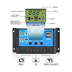 30A Solar Charge Controller,12V/ 24V Solar Panel Charge Controller,Timer Setting PWM Auto Parameter,Intelligent Regulator with 5V Dual USB Port Display Adjustable Parameter LCD Display