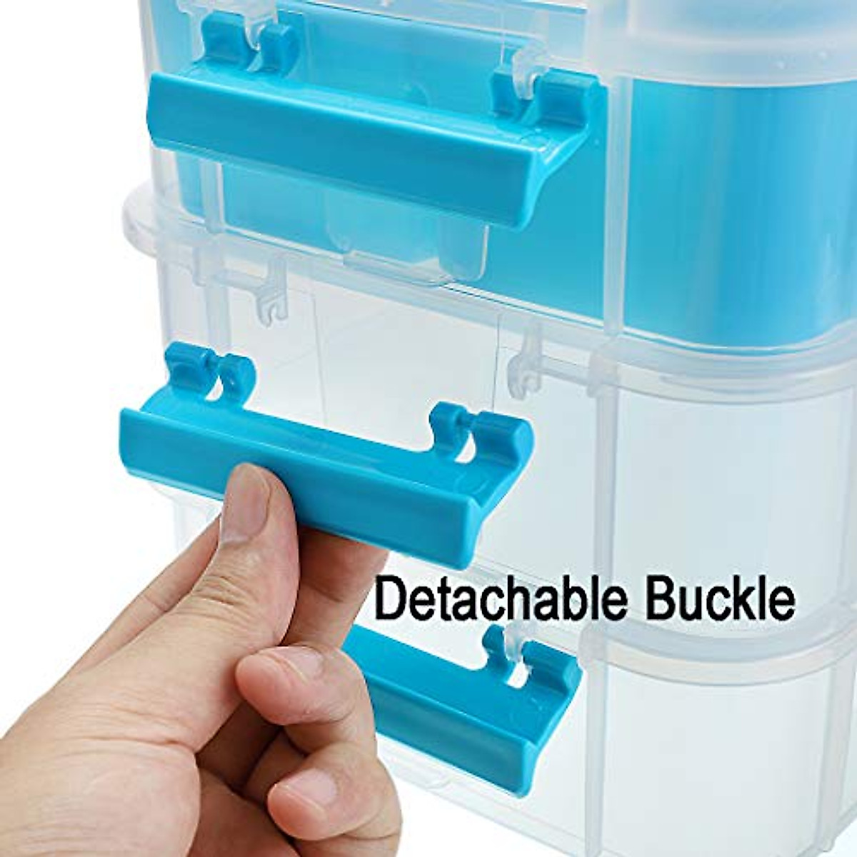 JUXYES 3-Tiers Stack Carry Storage Box With Divided Tray, Transparent Stackable Storage Bin With Handle Lid Latching Storage Container for School & Office Supplies (Blue)