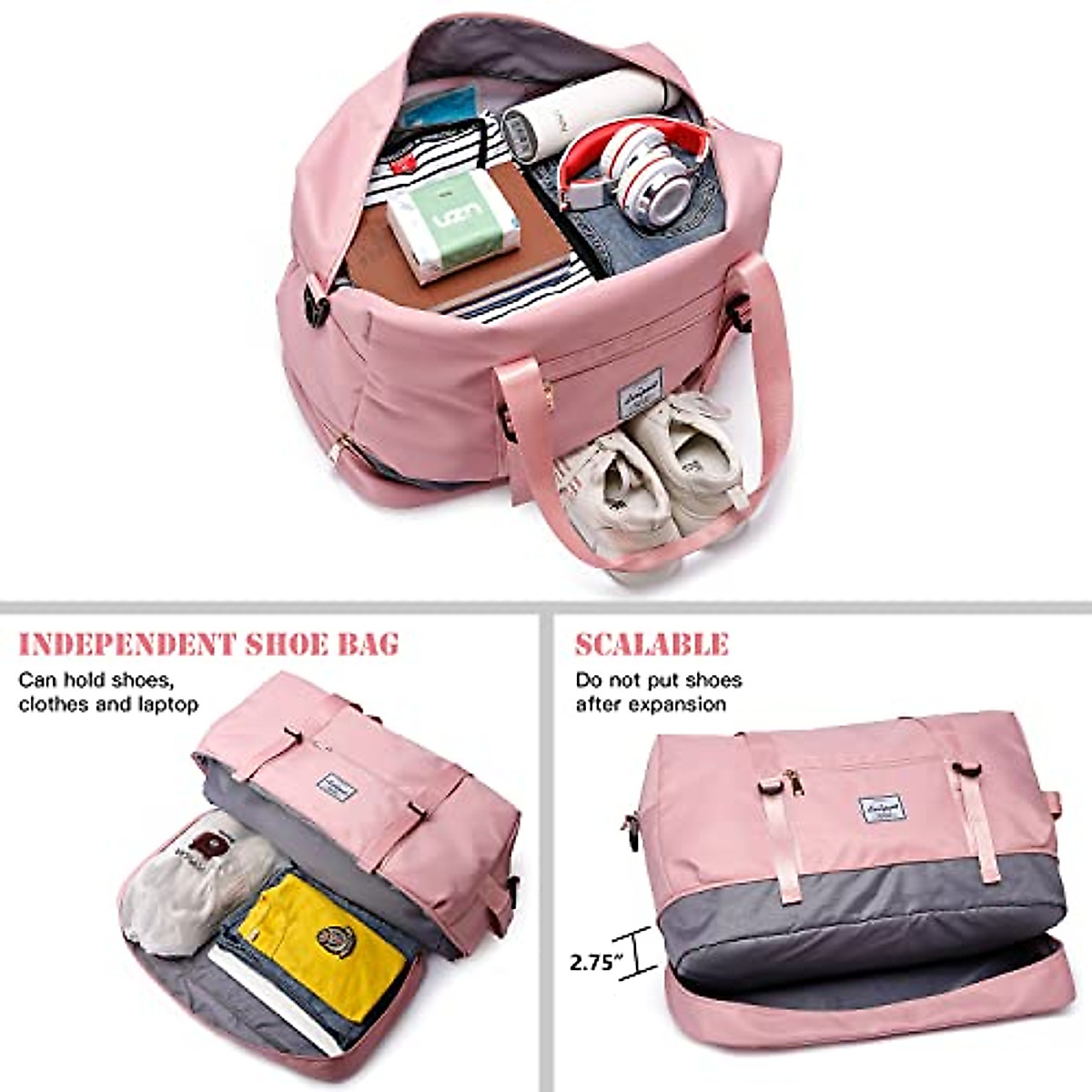 Laripwit Travel Duffle Bag Large Size Gym Bags for Women Weekender Duffel Bag with Shoes Compartment Overnight Bag Women 55 L, Pink