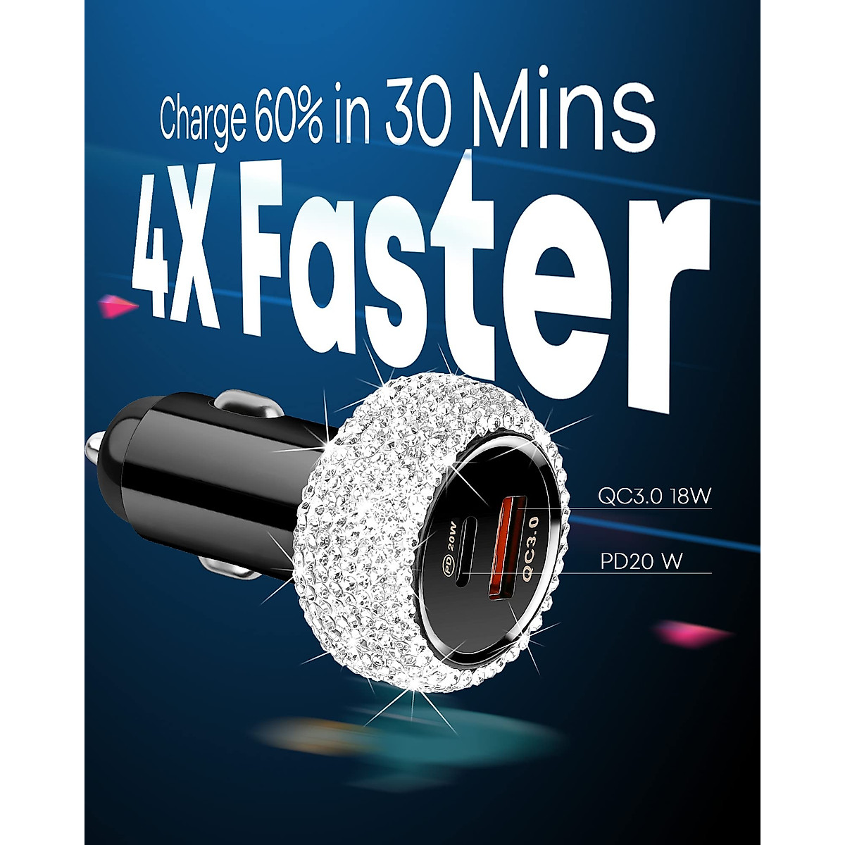 Bling iPhone Fast Car Charger, 20W USB C Car Charger [Apple MFi Certified] PD + QC Dual Port Fast Charging Adapter with 3.2FT Type-C to Lightning Cable for iPhone 14 13 12 Pro Max