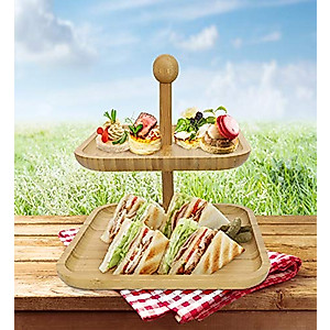 Decorative 2-Tier Square Bamboo Serving Tray with Wooden Handle - Cupcake Stand - Home Decor for Kitchen Counter, Dining Room Table, and Coffee Bar - 9.5" x 9.5" x 10"