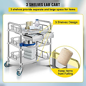 VEVOR Lab Cart 3 Layers Double Drawers Medical Cart with Wheels 1 Refuse Basin Stainless Steel Cart Service Cart for Laboratory, Hospital, Dental, Restaurant Hotel and Home Use (Large)