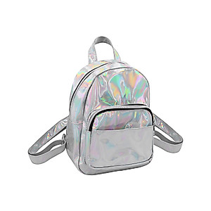 MOSSTYUS Small Holographic Backpack Rainbow Shoulder Bag Metallic Satchel Shiny Travel Daypack for Women Men Lady