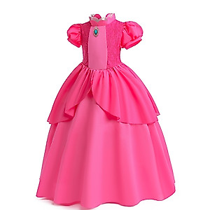 isswya Princess Peach Dresses for Kids Cosplay Super Brother Pink Princess Peach Costume Halloween Birthday Party Dress Up 11-12Y