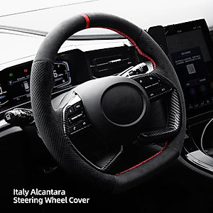 Alfanxi Hand Stitch Alcantara Steering Wheel Cover Compatible with Hyundai Elantra New i20 Elantra Bayon 2022 2023(Red Stripe)