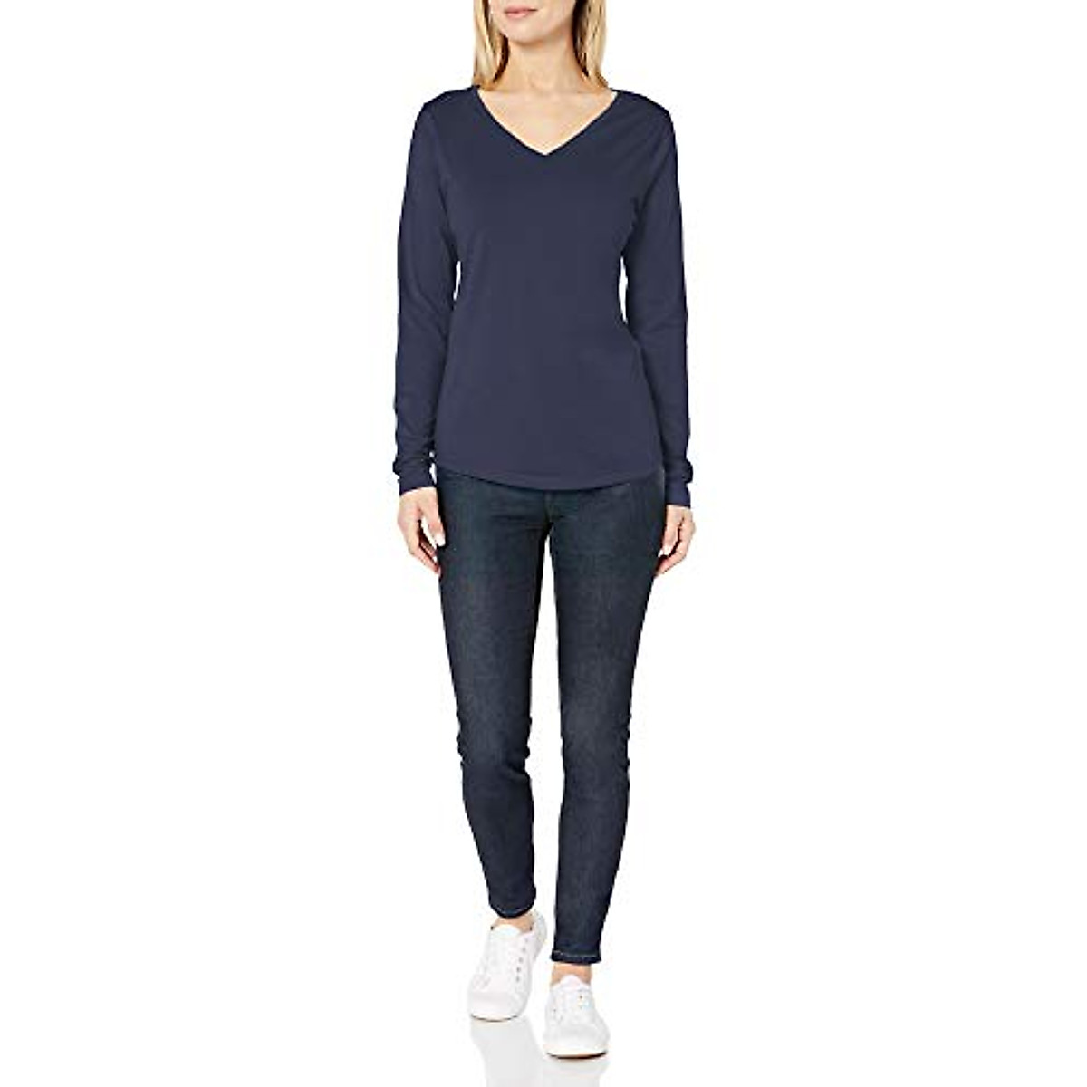 Amazon Essentials Women's Classic-Fit 100% Cotton Long-Sleeve V-Neck T-Shirt, Navy, XX-Large