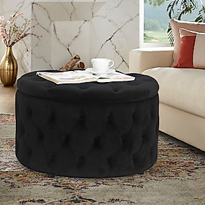 Homebeez 28 Inch Round Velvet Storage Ottoman, Button Tufted Footrest Stool Coffee Table for Living Room, Black