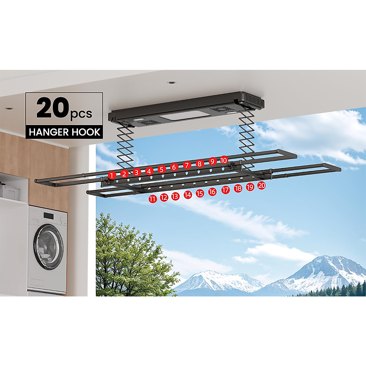 Ouayrhea Ceiling Clothes Drying Rack Electrical - Foldable Telescoping Laundry Drying Rack with Heater Fan, Remote and Led Light (Ceiling Mounted,130)