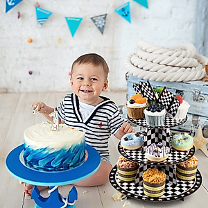 2 Set 3-Tier Race Car Cupcake Stand Round Cardboard Cupcake Tower Race Car Party Decorations Dessert Holder for Kids Boys Two Fast Birthday Baby Shower Black and White Checkered Party Supplies