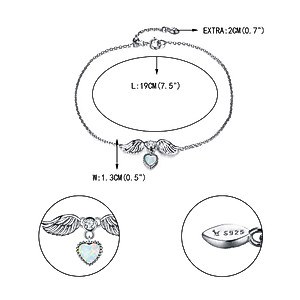 EVER FAITH 925 Sterling Silver Dainty Opal Heart Charm Bracelet Adjustable Angel Wings Chain Jewelry for Women