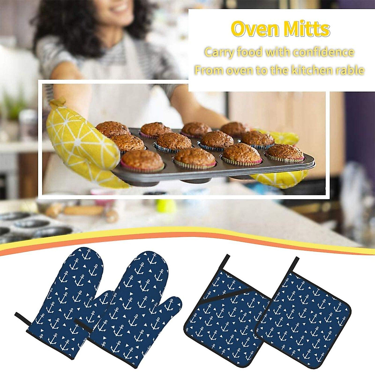 Nautical Anchors Oven Mitts and 2 Pot Holders Set, Soft Cotton Lining with Non-Slip Surface, Kitchen Microwave Gloves for Baking Cooking Grilling BBQ