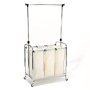 Seville Classics Laundry Hamper Sorter Cart Mobile Premium 3-Bag with Clothes Rack, Chrome