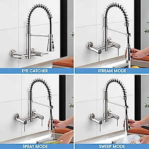 Dornberg Wall Mount Kitchen Faucet with Sprayer, 8 Inch Center Commercial Kitchen Sink Faucet, Spot-Free Stainless Steel, 2 Handle for Easy Controlled Cold and Hot Water - Brushed Nickel