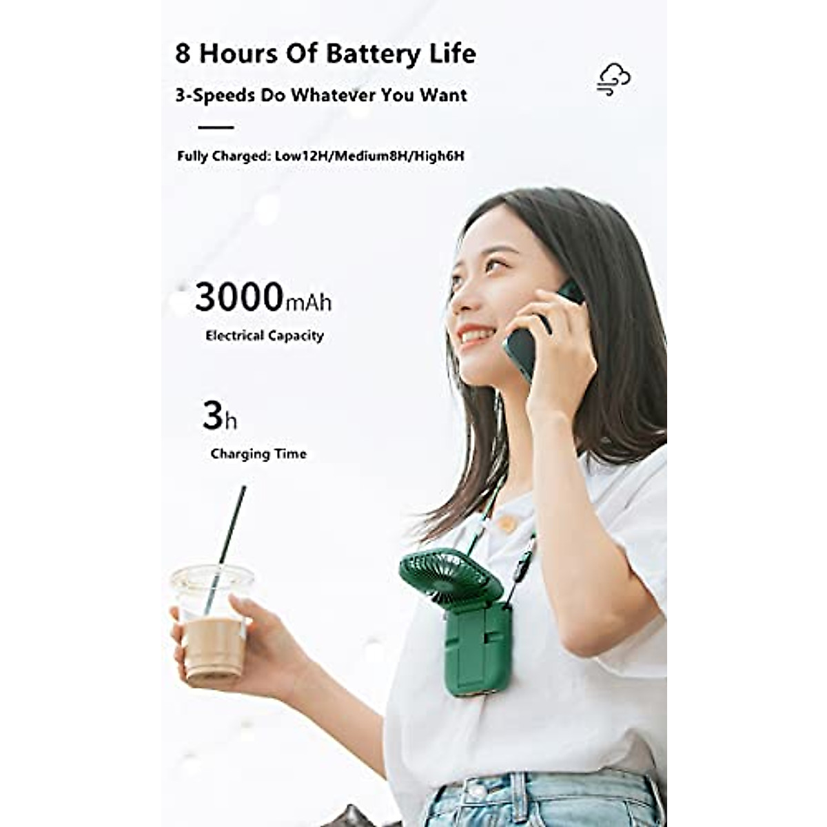 Mini Fan, Portable USB Rechargeable Handheld Fan, Portable Fan Has Three Gears Of Wind Speed, Folding Mobile Phone Bracket. 3000mAh Power Supply Provides Emergency Charging For The Device ( Green )