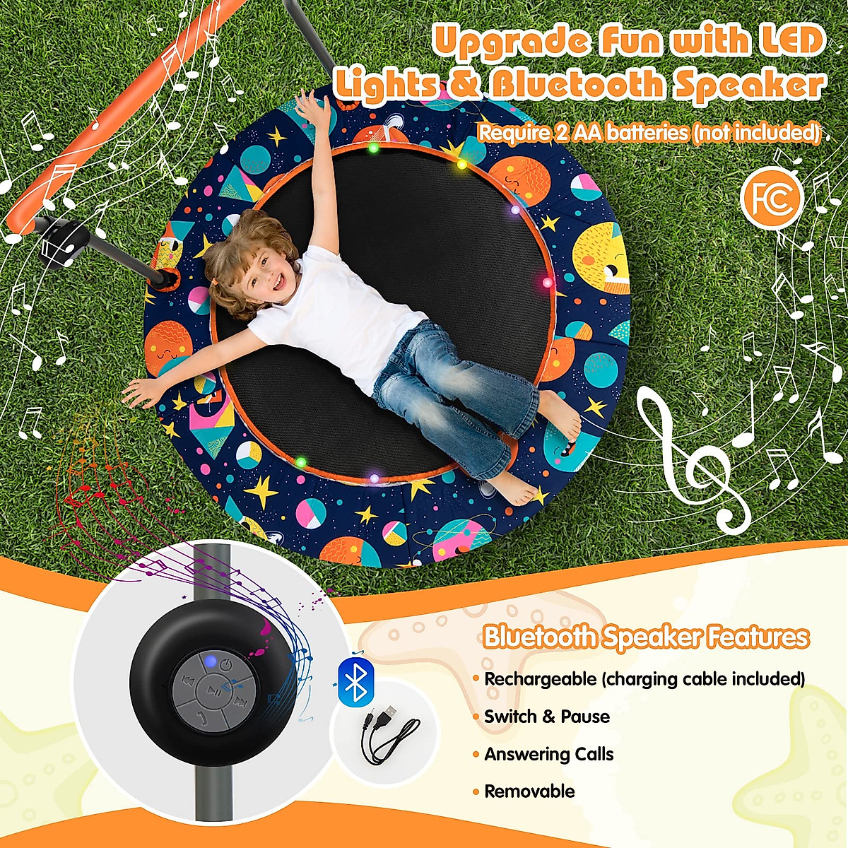 Goplus 36" Mini Trampoline for Kids, Toddler Trampoline with LED Lights, Bluetooth Speaker, Removable Handle, Safe Padded Cover, Indoor Outdoor Small Rebounder for Child Boys Girls (Navy, Space)