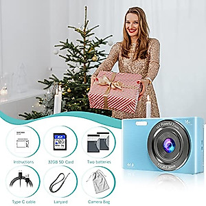 Saneen Digital Camera, FHD 2.7K & 44MP Kids Camera Video Cameras for Photography with 32GB SD Card 16X Digital Zoom, Compact Point and Shoot Camera Small Camera for Beginners, Kids and Teens-Blue