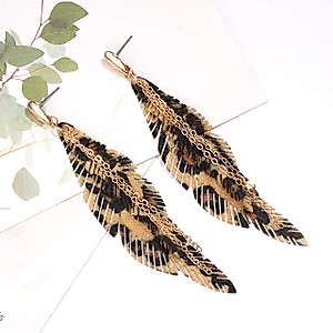 NVENF Feather Tassel Dangle Earrings for Women Bohemian Faux Leather Plume Gold-tone Metal Chain Fringe Statement Drop Earrings Vintage Ethnic Style Jewelry (Leopard)