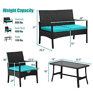 Tangkula 4 Pieces Rattan Conversation Set, Patio Sofa Couch Set with Tempered Glass Coffee Table, Seat Cushions, Outdoor Wicker Loveseat Set for Poolside, Courtyard, Balcony (1, Turquoise)