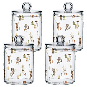 Gredecor 2 Pack Qtip Holder Clear Woodland Animals Cute Apothecary Jars with Lids Acrylic Bathroom Jars Vanity Countertop Canister Storage Organizer for Cotton Ball,Swabs,Pads,Floss