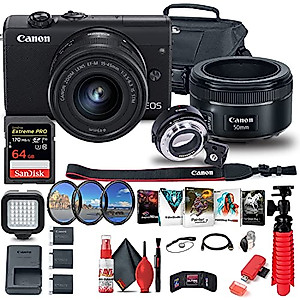 Canon EOS M200 Mirrorless Digital Camera with 15-45mm Lens (Black) (3699C009) + Canon EF-M Lens Adapter + Canon EF 50mm Lens + 64GB Card + Case + Filter Kit + Corel Photo Software + More (Renewed)
