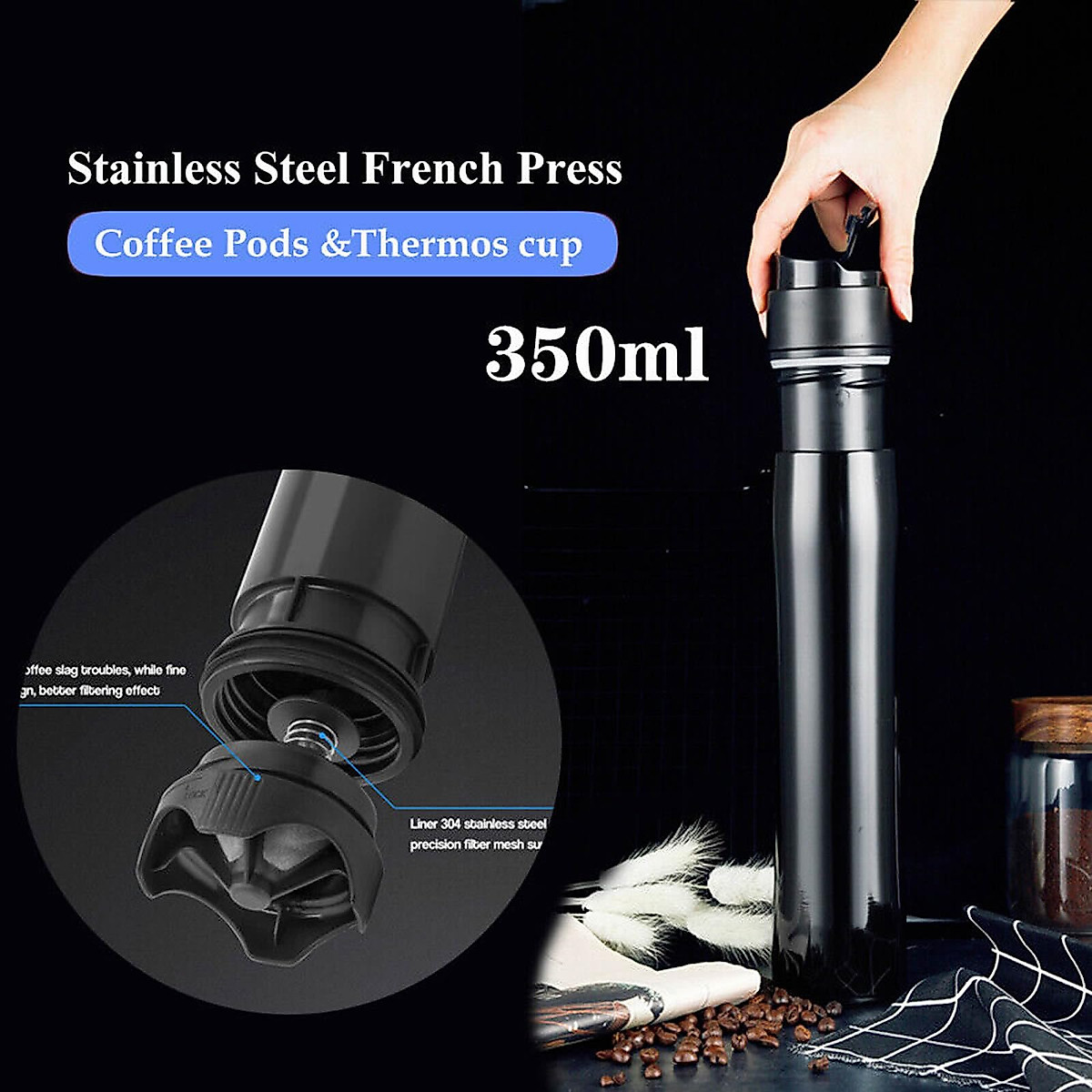 KATOHEKI Portable French Press Coffee Maker Stainless Steel Vacuum Insulated For Coffee/Tea Outdoor Car Travel Cup Coffee Mug, 350ML/12OZ, Black