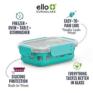 Ello Duraglass Meal Prep Container, 1.75 cup- Glass Food Storage Container with Silicone Sleeve and Airtight BPA-Free Plastic Lid, Dishwasher, Microwave, and Freezer Safe, Aquavia