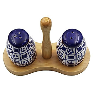 Hand-Painted Portuguese Pottery Clay Terracotta Blue Salt & Pepper Shaker Set