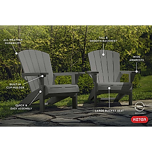 Keter Alpine Adirondack 2 Pack Resin Outdoor Furniture Patio Chairs with Cup Holder-Perfect for Beach, Pool, and Fire Pit Seating, Dark Grey