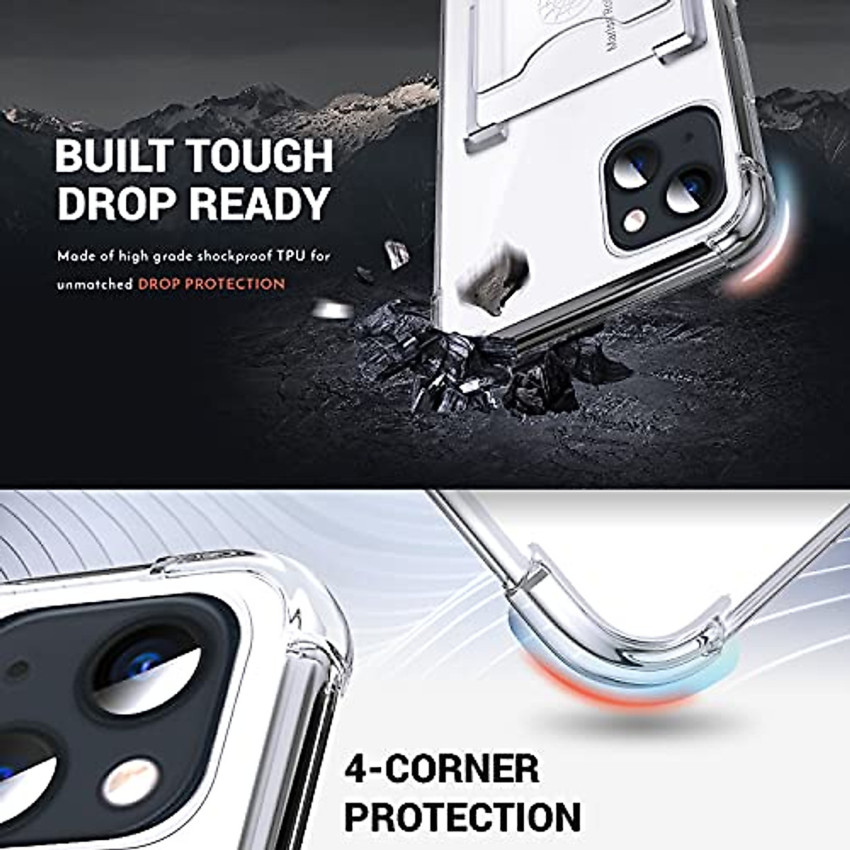 Shields Up Designed for iPhone 13 Case, Minimalist Wallet Case with Card Holder and Ring Kickstand/Stand, [Drop Protection] Slim Protective Cover for Apple iPhone 13 (6.1 inch) - Clear