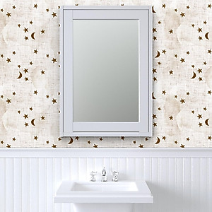 Peel & Stick Wallpaper Swatch - Dark Gold Stars Moon Night Sky Celestial Brown Copper Taupe Custom Removable Wallpaper by Spoonflower