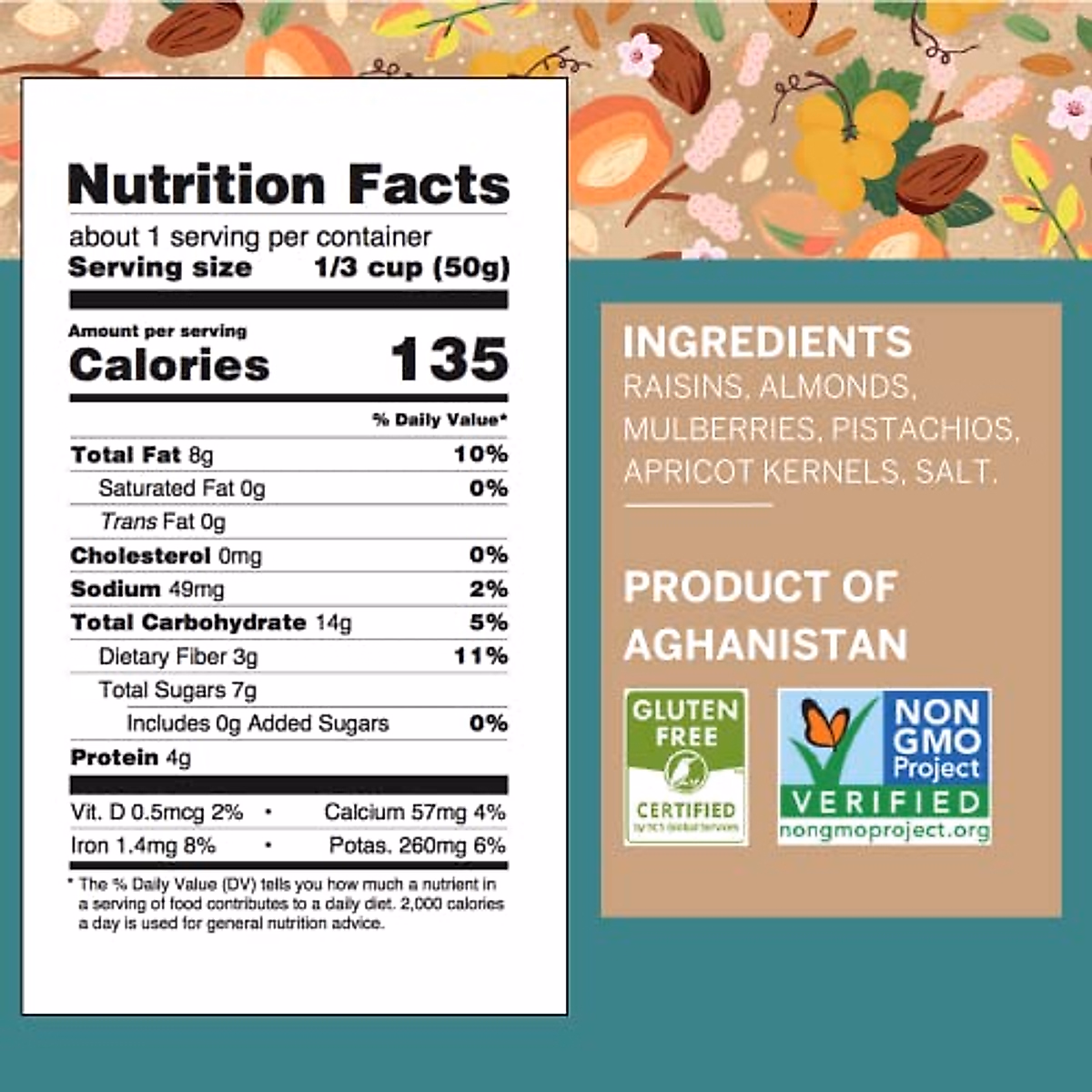 Ziba Foods Trail Mix - Sweet Apricot Kernels, Mulberries, Raisins, Almonds & Pistachios - Non-GMO, Vegan, Whole 30 Friendly & Paleo - High in Fiber, Iron & Antioxidants - Sweet & Savory, Pack of 6