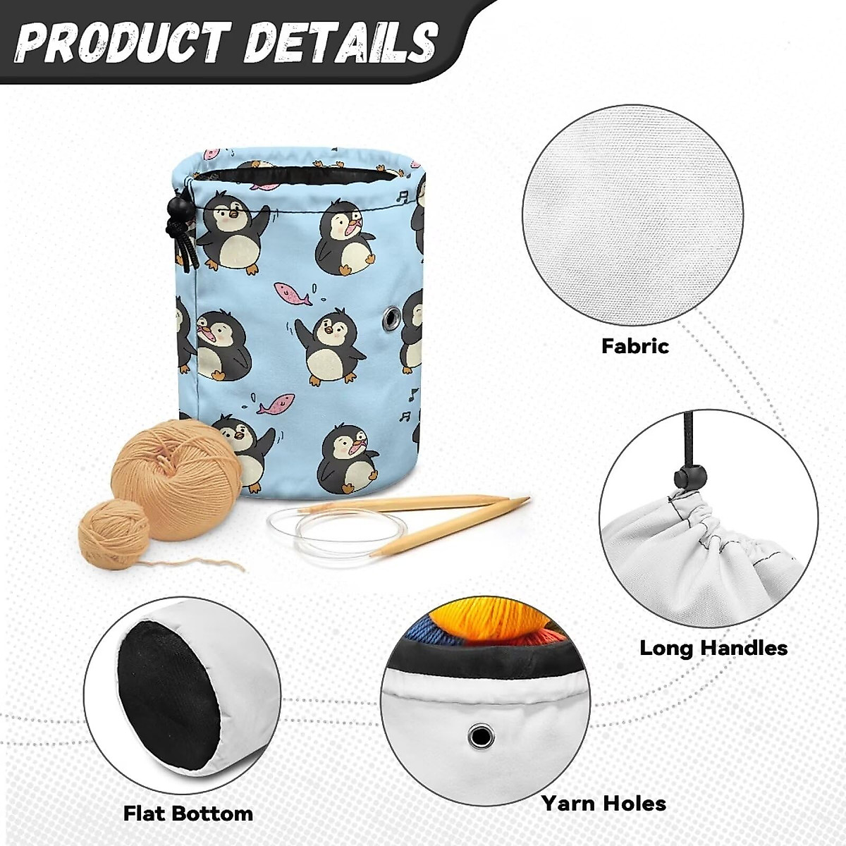 Sellikakes Cute Penguin Fish Yarn Bag with Dog Cute,Crochet Tote Knitting Bag Yarn Storage Organizer Holder Case for Crochet Hooks Needles Knitting Kit for Beginners