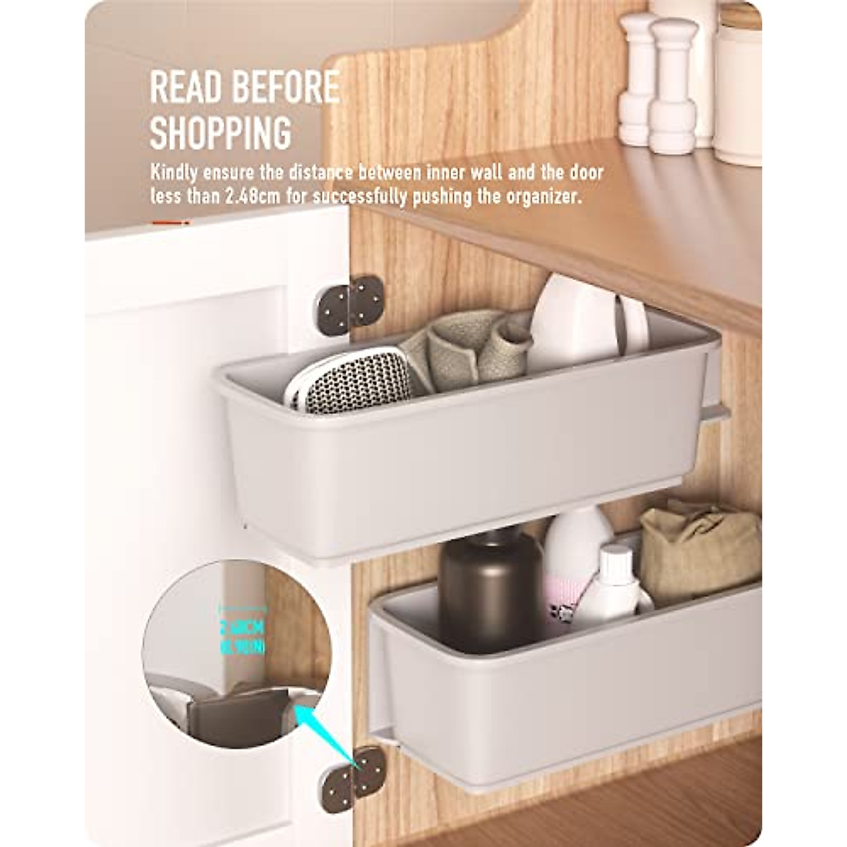 Baffect Under Sink Organizers and Storage, 2 Pack Pull Out Under Bathroom and Kitchen Cabinet Storage Drawer Organizer, Multi Purpose Sink Organizing Caddy up to 11lbs (Gray)