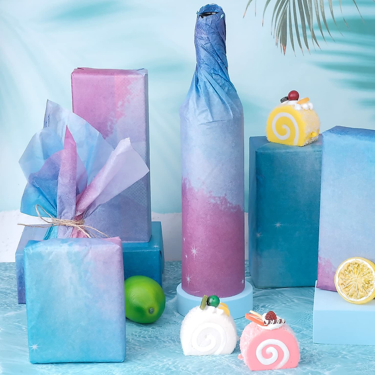 Bolsome 100 Sheets Pink-Blue Gradient Tissue Paper Bulk, Pastel Turquoise Wrapping Tissue Paper Sheets for Christmas Birthday Baby Showers Wedding Thanksgiving Gift Wrapping DIY Crafts Arts, 20 x 14"