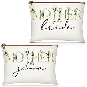 Reginary 2 Pieces Wedding Cosmetic Bags Mother of The Bride Makeup Bag Mother of Groom Canvas Bag Floral Initial Print Cosmetic Bag for Mom Mother in Law Wedding Engagement Gift (Leaf)