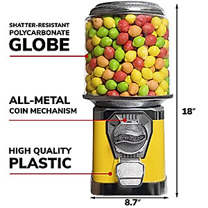 Gumball Machine for Kids - Yellow Vending Machine with Stand and Cylinder Globe - Bubble Gum Vending Machine and Black Metal Stand Bundle - Coin Gumball Machine