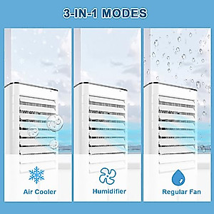 Evaporative Air Cooler,3-IN-1Portable Air Conditioners and Windowless Room Cooler Humidification-Ice Packs-12 Hour Timer-Remote Control,Ideal for Home, Office, Bedroom, Kitchen,School,Garage (‎‎Pearl White)
