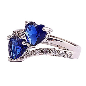YJYdadaS Double Love Heart Women Ring, Fashion Female Zircon Ring Love Heart Rainbow & White Gemstone Ring Jewelry, US Size 6 7 8 9 10 11 12 (Dark Blue, US-12)