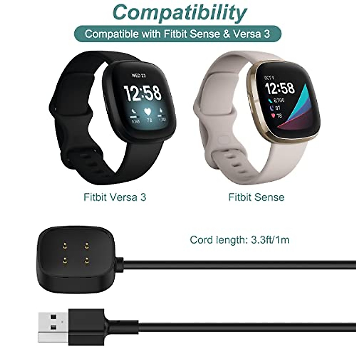 Charger for Fitbit Sense/Sense 2/Versa 3/Versa 4, Replacement Charging Cable Cord Magnetic Dock Stand for Fitbit Sense 1/2, Versa 3/4 Smartwatch