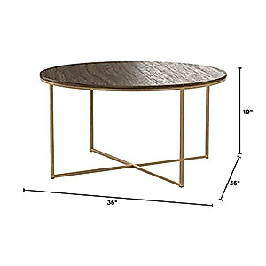 Walker Edison Cora Modern Round Faux Marble Top Coffee Table with X Base, 36 Inch, Walnut and Gold