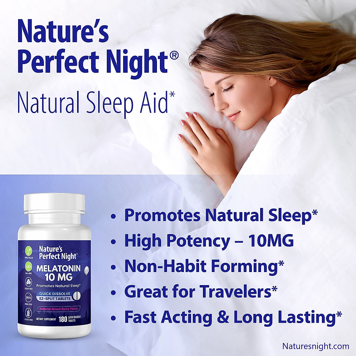 Nature's Perfect Night | Melatonin 10mg | 180 Quick Dissolve Tablets | Natural Mixed Berry Flavor |High Potency | Sugar Free | Vegan | Gluten Free | Value Size