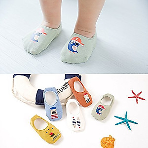 JUNOAI Toddler Non Skid No Show Socks - Low Cut Anti Slip Grip Slippers for Baby Kids Boys Girls 10 Pairs (3-4T, Dinosaur)