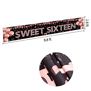 Happy 16th Birthday Banner Decorations for Girls, Rose Gold Sweet Sixteen Birthday Party Supplies, 16 Years Old Birthday Photo Booth Sign(9.8x1.6ft)