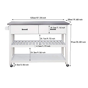 RASOO Kitchen Island White Stainless Steel Top Kitchen Cart On Wheels with 2 Drawers and Storage Shelves, 47.24"x19.68"x35.82"(LxWxH