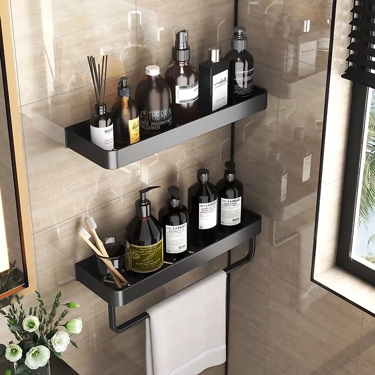 NEYSTYP Bathroom Shelves,Aluminum Wall Shelf Shower Organizer With Towel Bar,Adhesive or Drilling 2-In-1 Installation,12X5 Inches Shower Caddy ​- Gray (12 in)