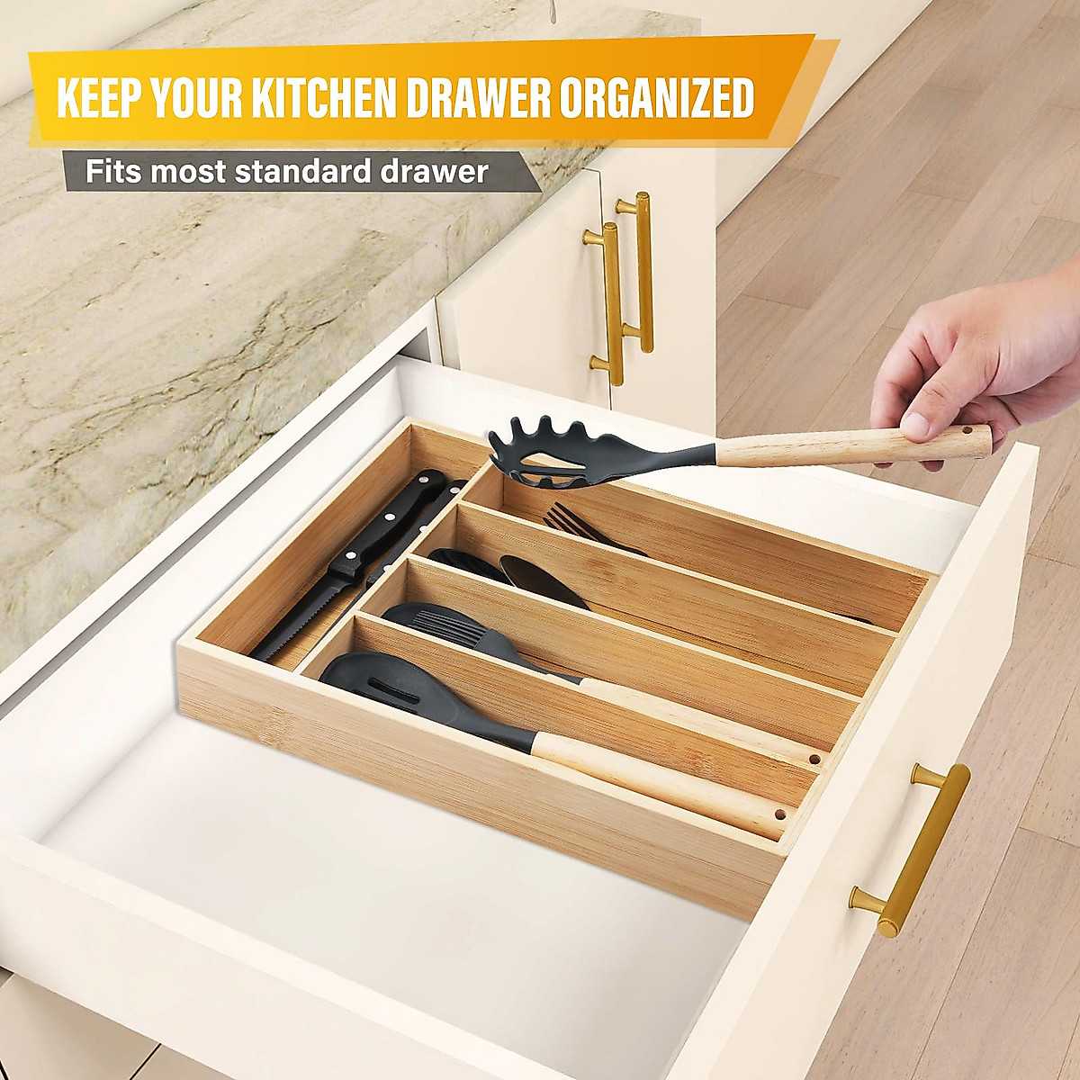 CherHome Silverware Organizer Utensil Drawer Organizer,Silverware Tray for Kitchen Drawer,Bamboo Flatware Tableware Cultery Caddy Utensil Tray Utensils Holder，5-Compartment，13.5" D x 10" W x 2" H