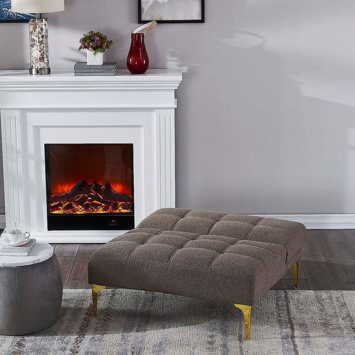 GERDIOEB Convertible Sofa Bed Single Chair Futon with Adjustable Backrest and Gold Metal Legs, Teddy Fabric Armless Chair with Pillow, Futon Sleeper Couch Daybed Single Chair (Taupe)