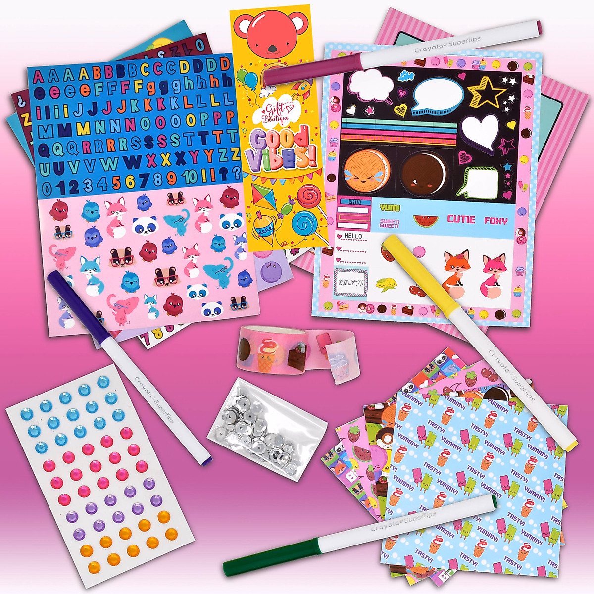 Crayola Scrapbook Activity Craft Kit, Mess Free Journal Set for Kids, Drawing Art Supplies Included Scrapbook, Pattern Sheets, Cut Outs, Gem Stickers, Sequins, Crayola Washable Markers, Tape and